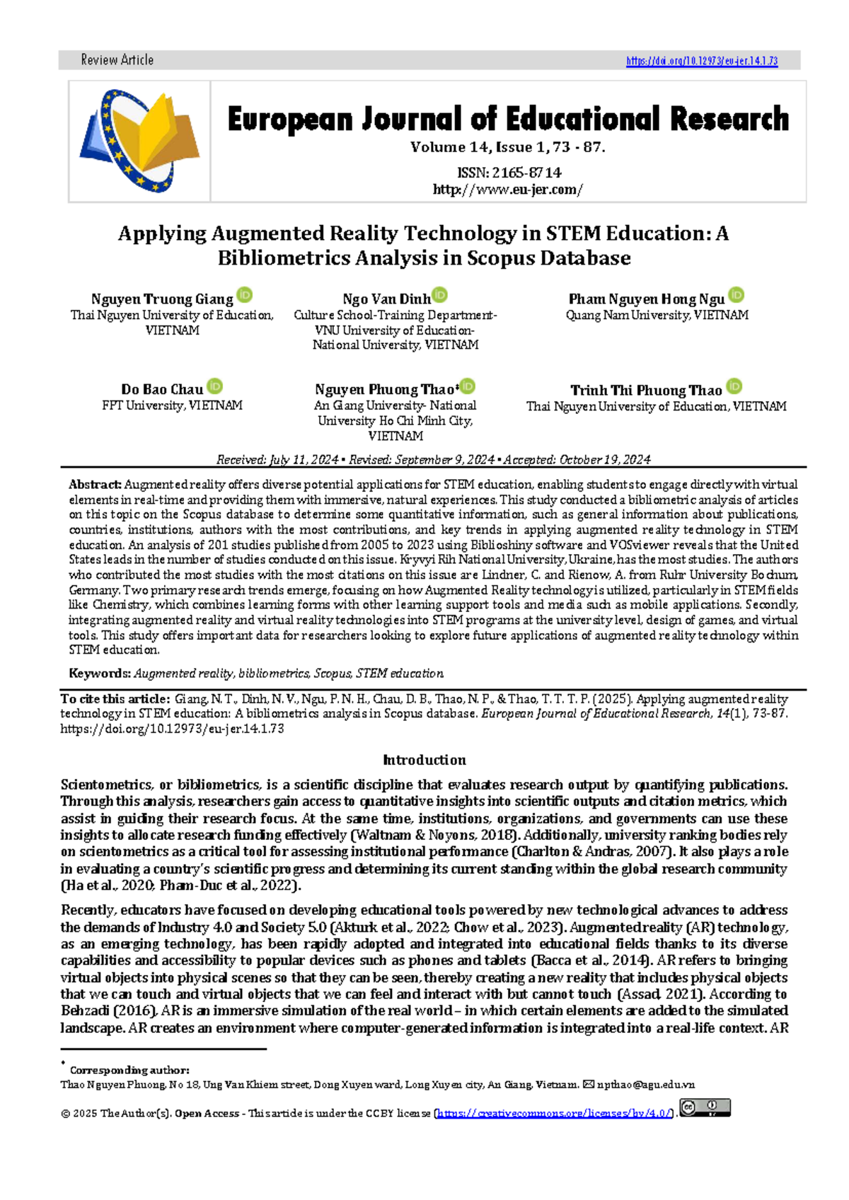 Applying Augmented Reality in STEM Education: A Bibliometric Analysis (EU-JER 14 - Studocu