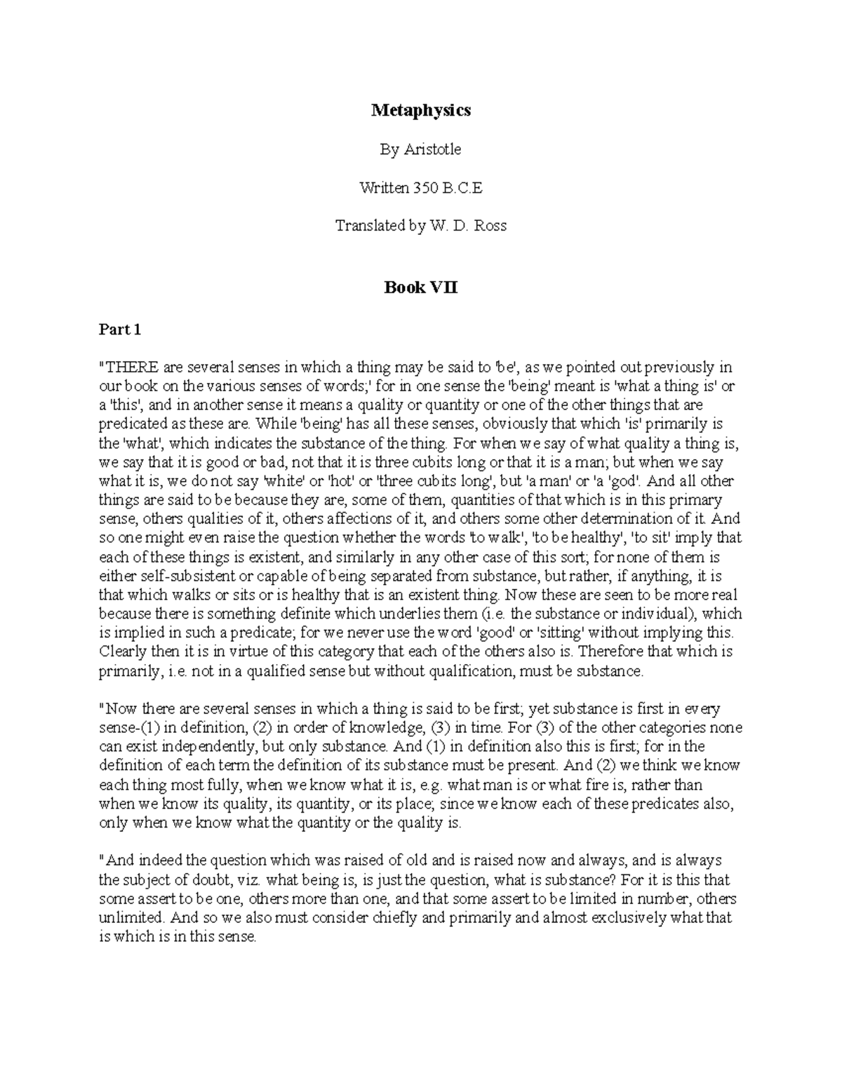 Metaphysics 101: Understanding Substance in Aristotle's Work - Studocu