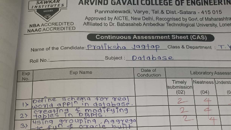 T.Y. Database Practical Experiments and Assessments (CAS) - Studocu