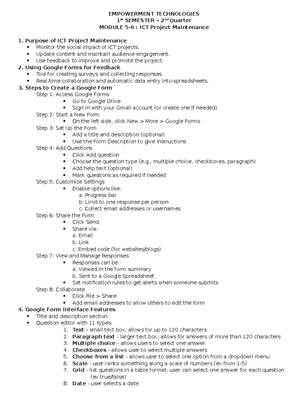 ICT Project Maintenance: Google Forms Guide (1st Sem, 2nd Qtr) - Studocu