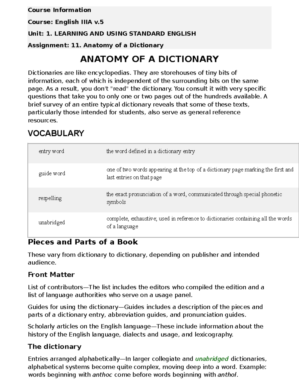 English IIIA: Anatomy of a Dictionary - Understanding Key Elements ...