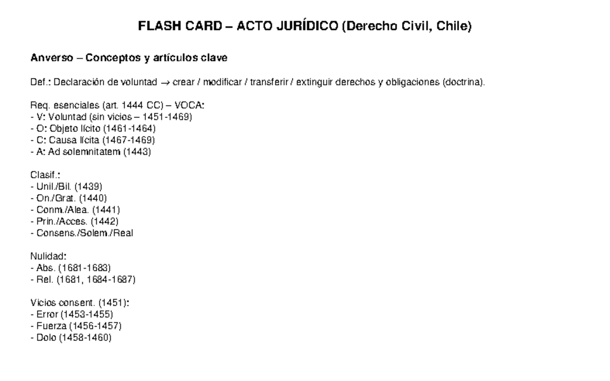 Flash Card: Acto Jurídico en Derecho Civil (Chile) - Studocu