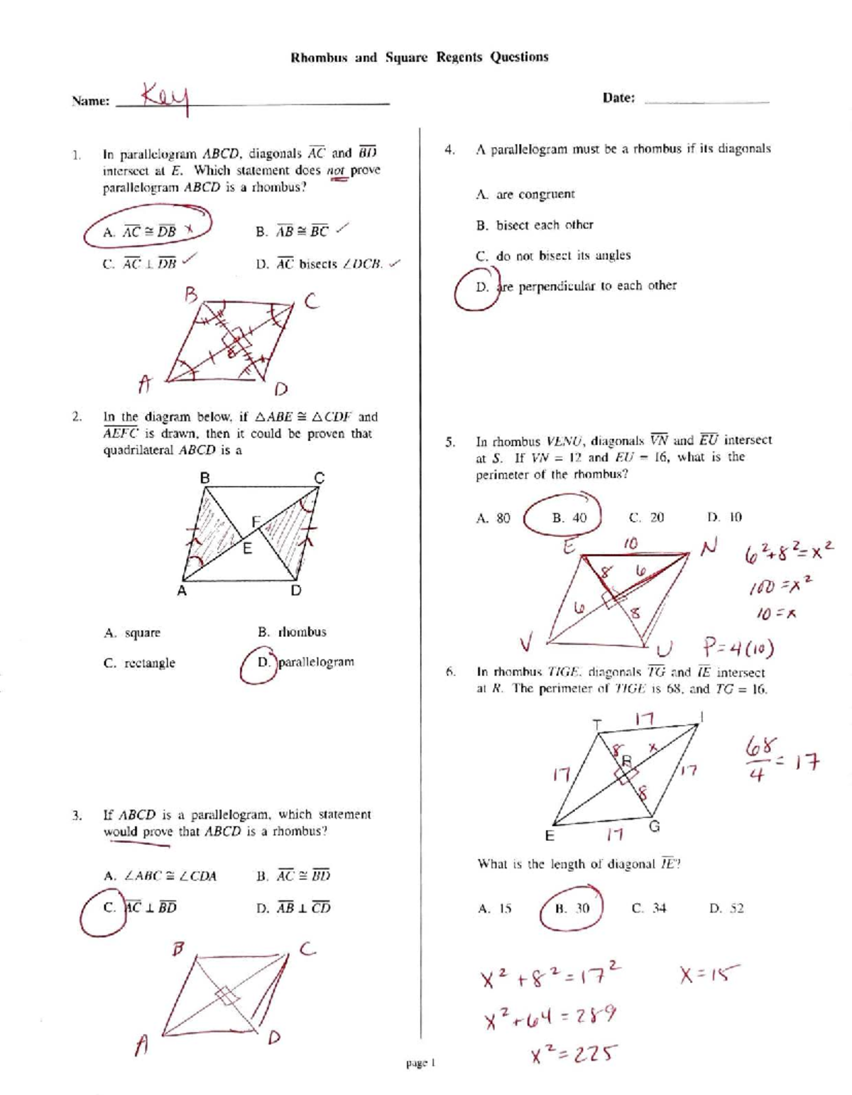 Rhombus & Squares Regents Questions AK - Name: Key In parallelogram ...