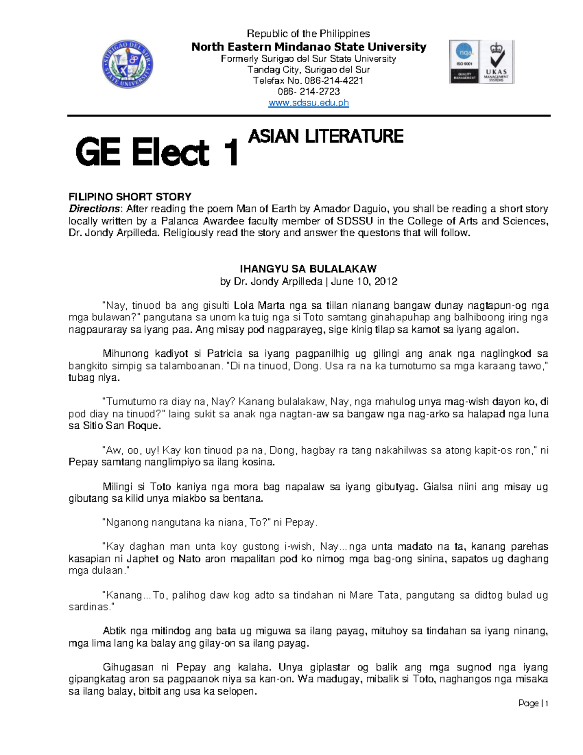 Activity-4 Ihangyu-SA- Bulalakaw - GE Elect 1 ASIAN LITERATURE Republic ...