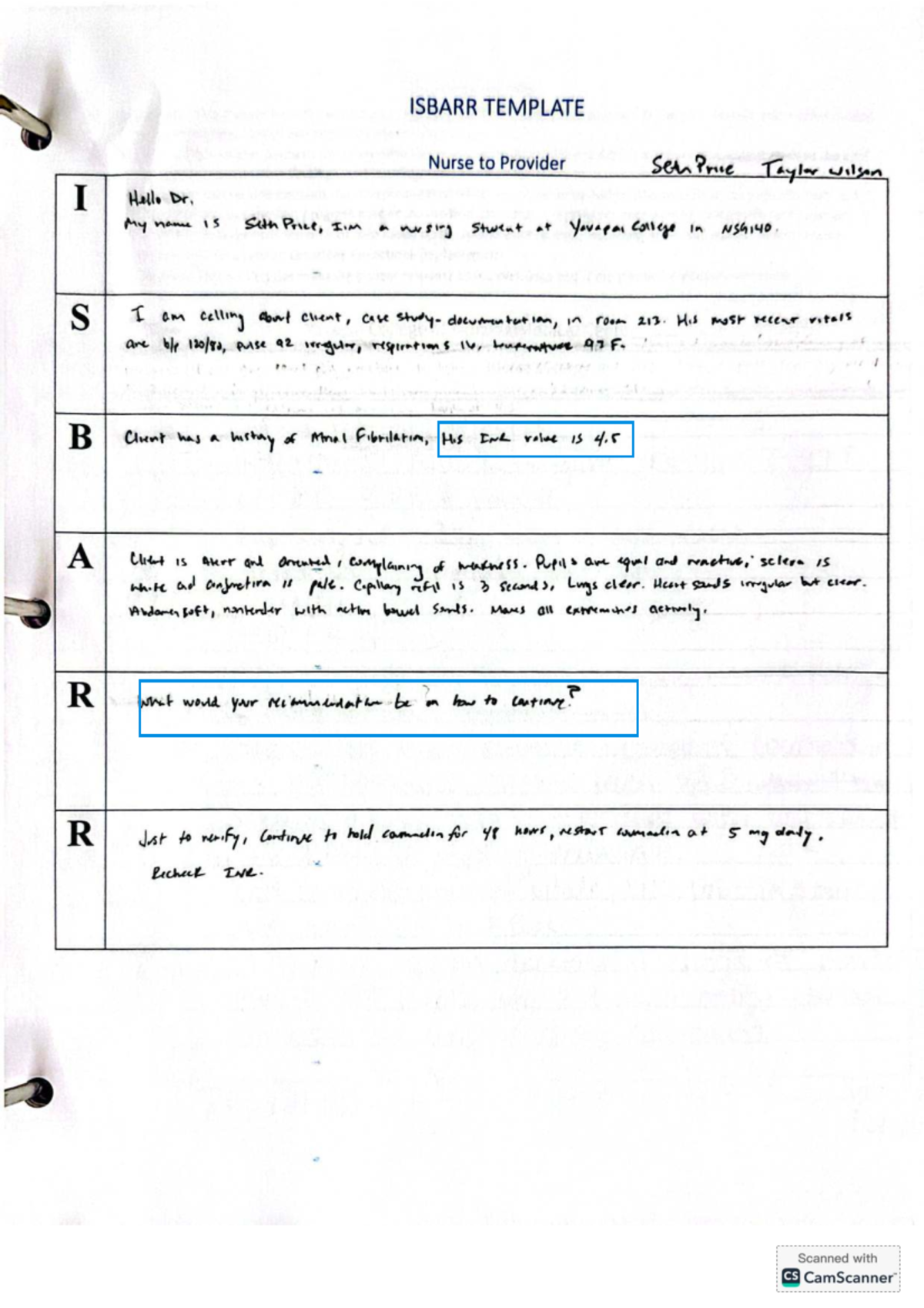 ISBARR Case Study Documentation for NSG140: Patient Assessment Notes ...