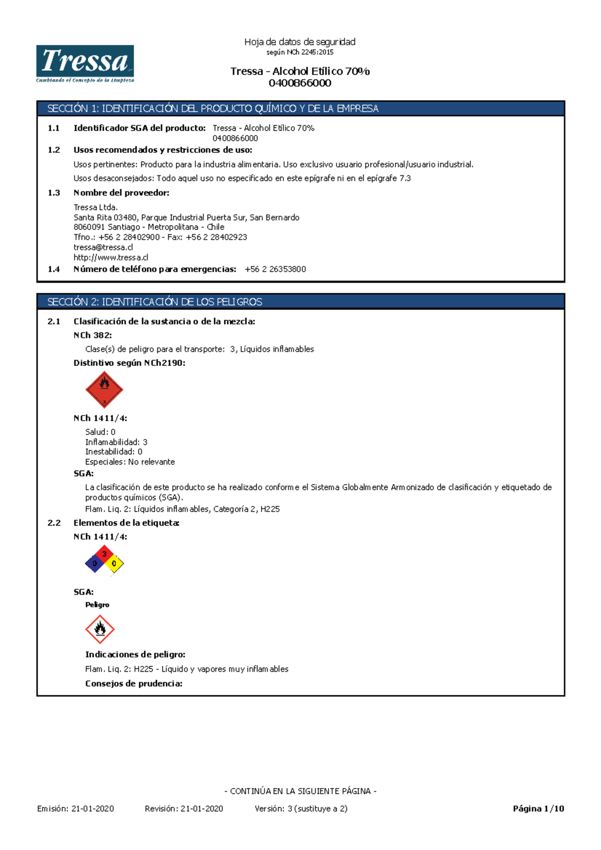 Tressa - Alcohol Etílico 70% según NCh 2245 - Ficha de Seguridad - Studocu