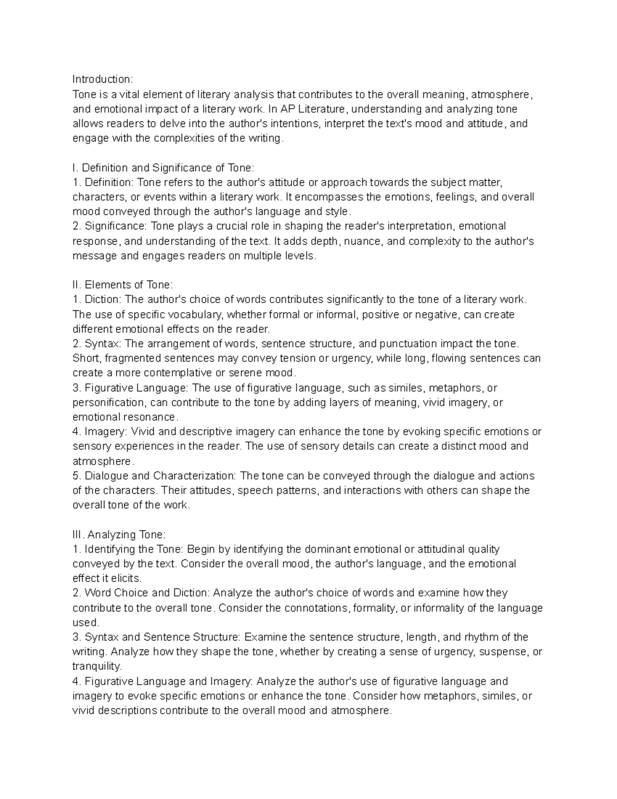Analyzing Tone in AP Literature: Key Elements and Significance - Studocu