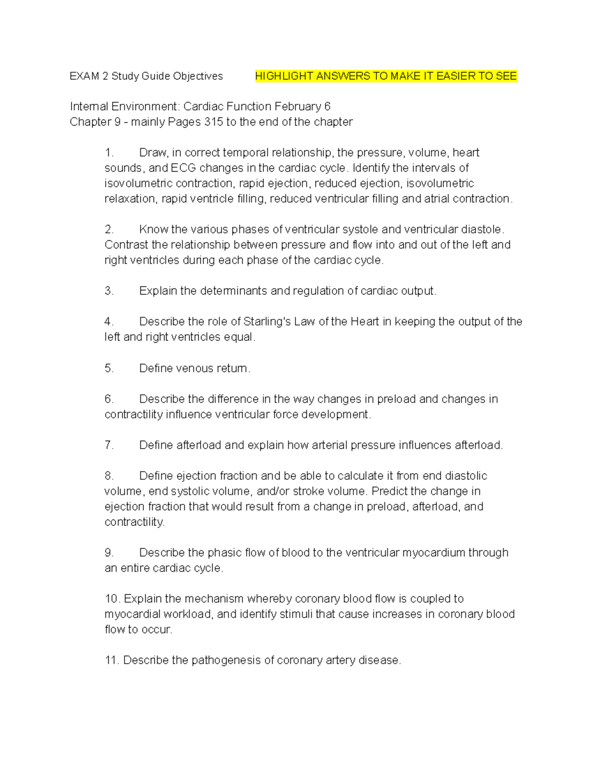 EXAM 2 Study Guide Objectives Physio - EXAM 2 Study Guide Objectives ...