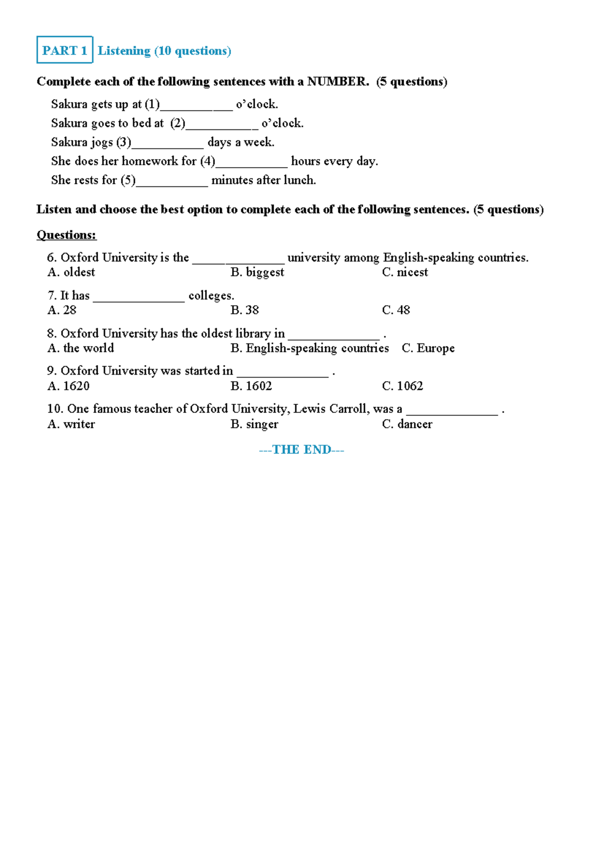 E7 HKII Listening Test 5 - Complete the Sentences with Numbers - Studocu
