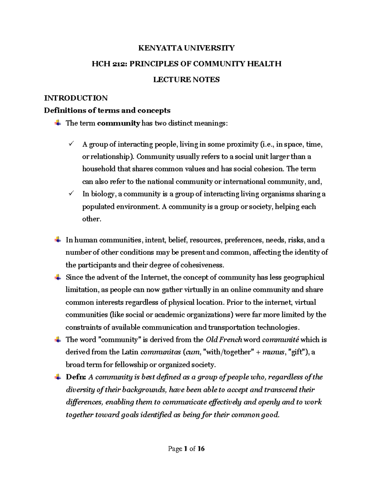 HCH 212 Final Lecture Notes on Principles of Community Health - Studocu