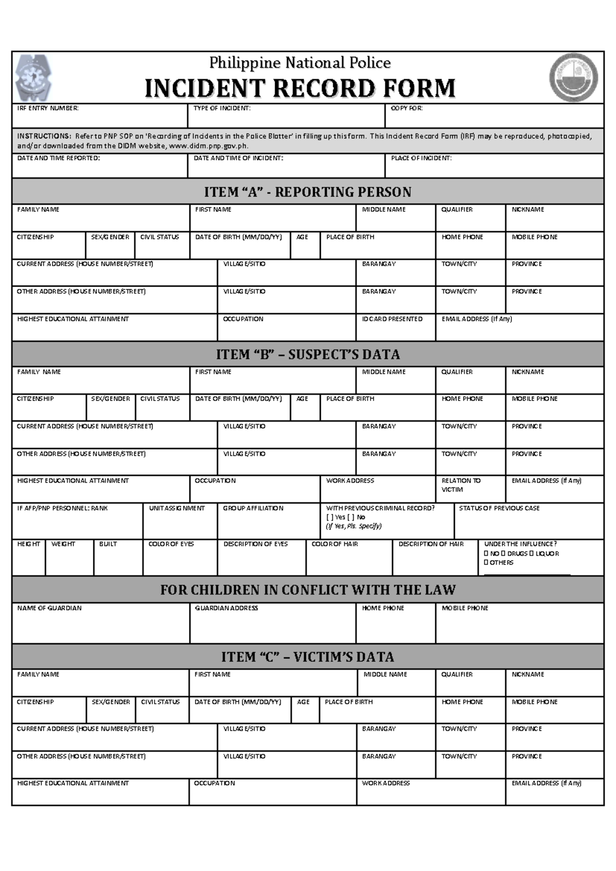 PNP Incident Report Form Template for Incident Documentation - Studocu