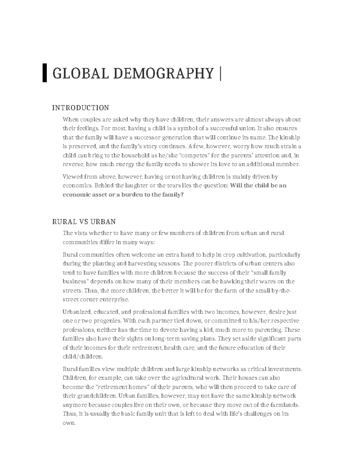 GLOBAL DEMOGRAPHY INTRODUCTION: Key Issues and Perspectives - Studocu