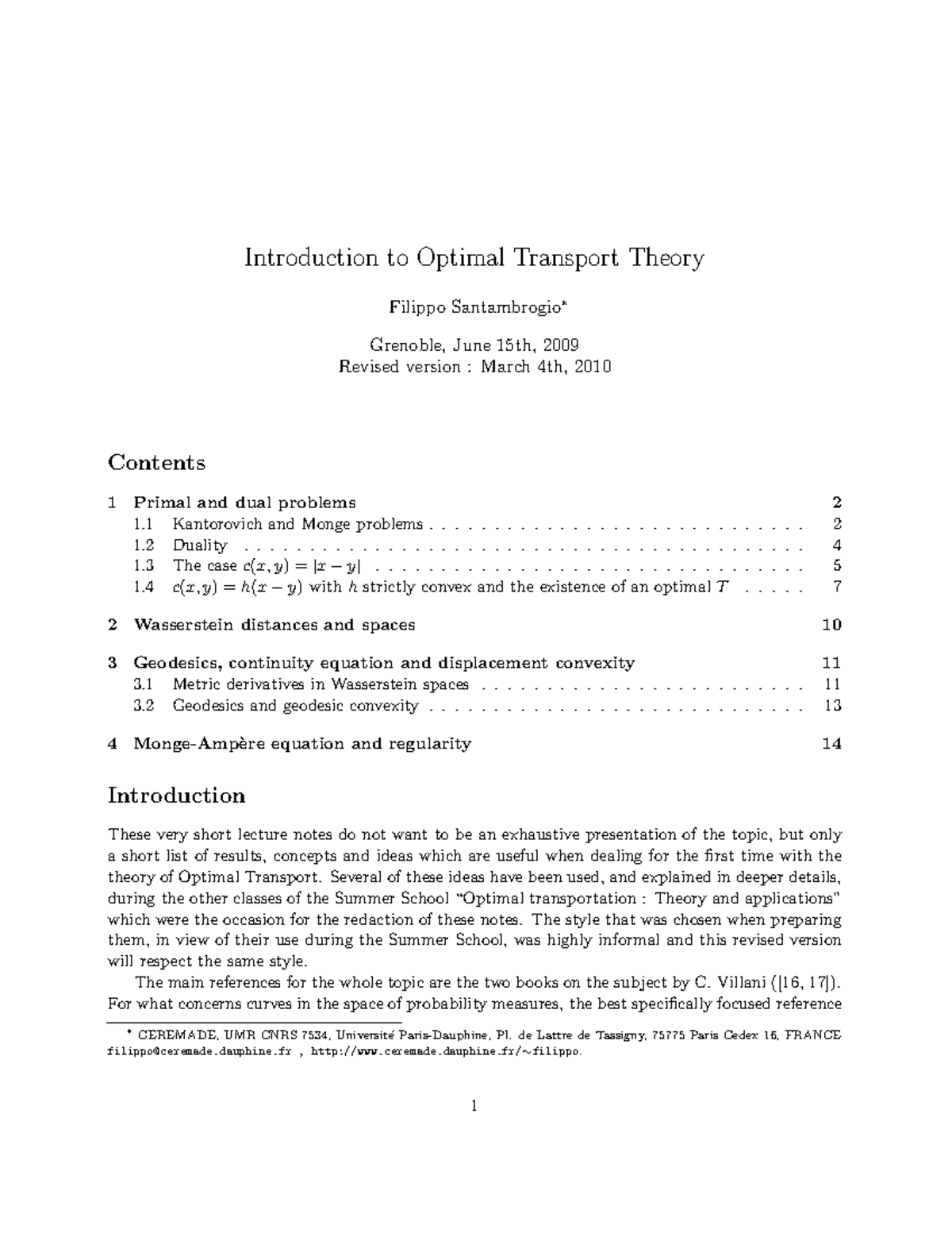 Optimal Transport Theory: Lecture Notes (Grenoble 2009) - Studocu