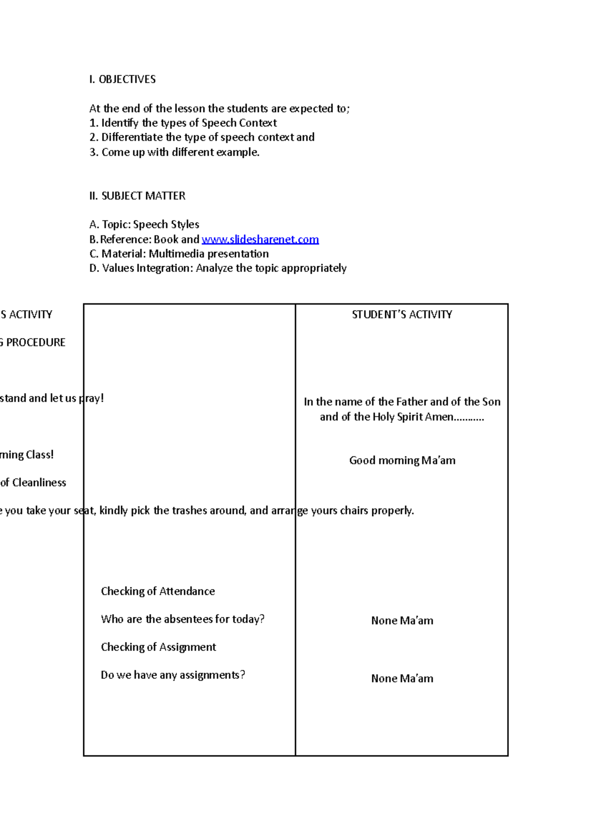 Speech style lesson plan - None Ma’am None Ma’am Good morning Ma’am In ...