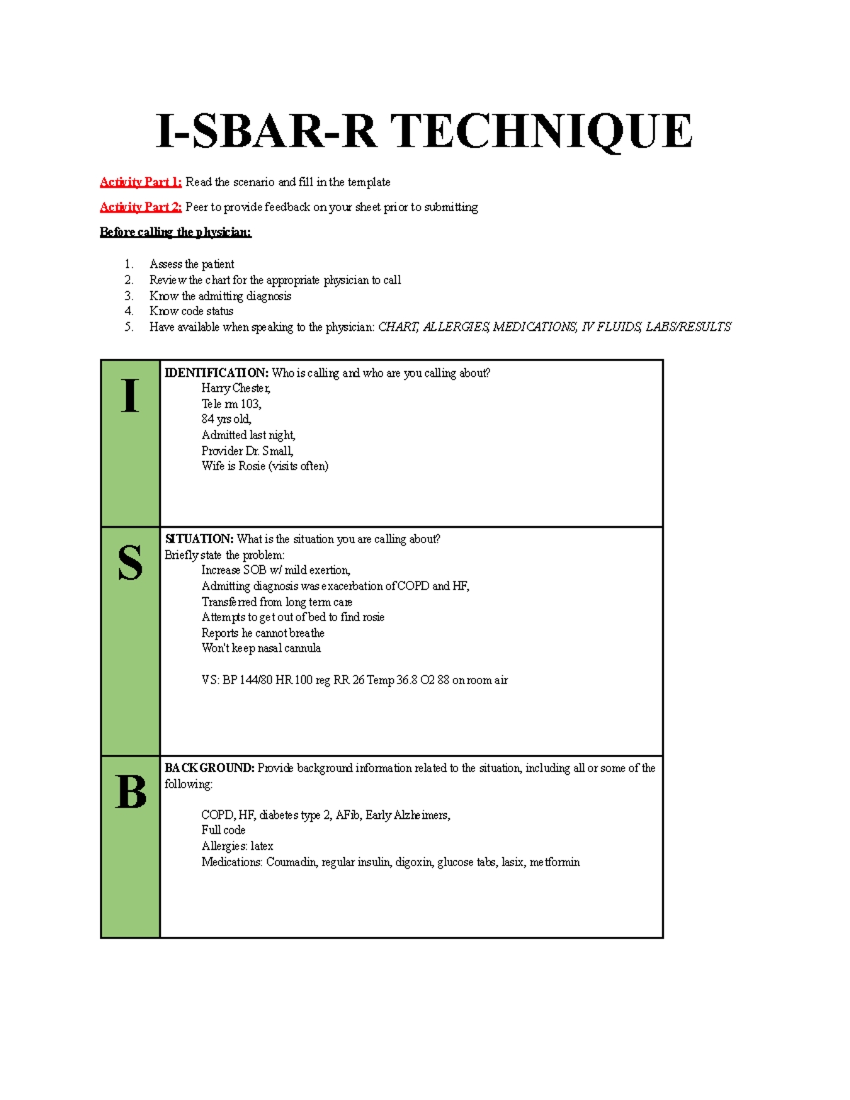 I-SBAR-R Technique Guide with Example Scenario for Nursing Students - Studocu