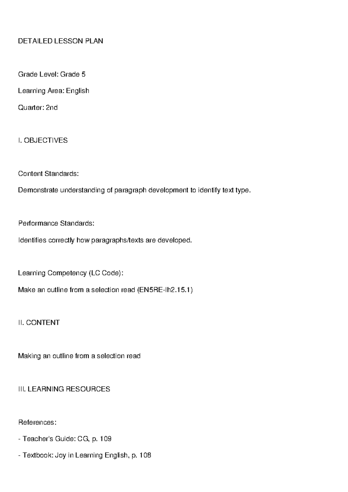 Grade 5 English Lesson Plan: Creating Outlines from Stories - Studocu