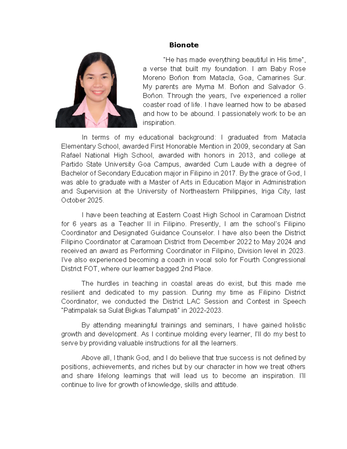 Bionote: My Journey and Inspirations in Education - Studocu