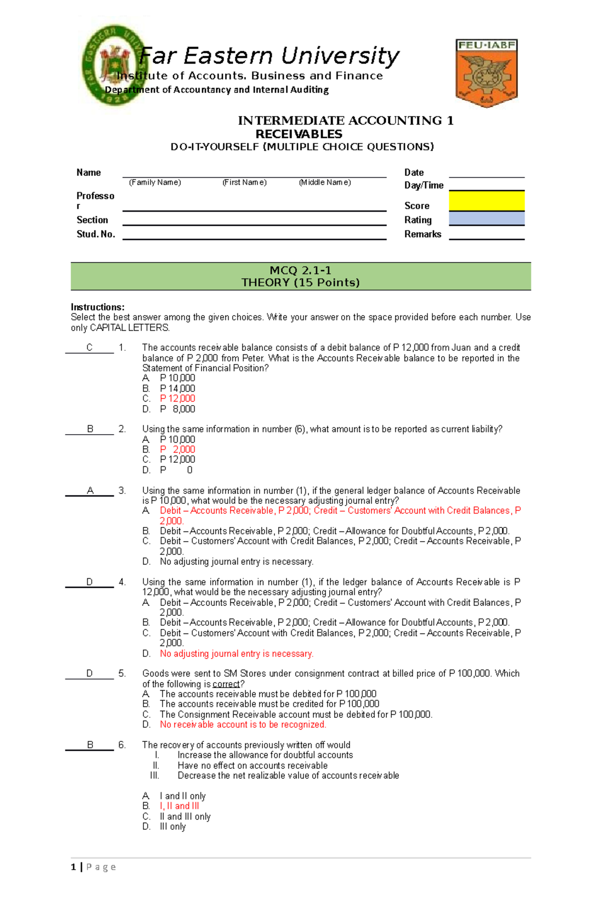 Intermediate Accounting 1 (ACCT101) MCQ Answer Key on Receivables - Studocu
