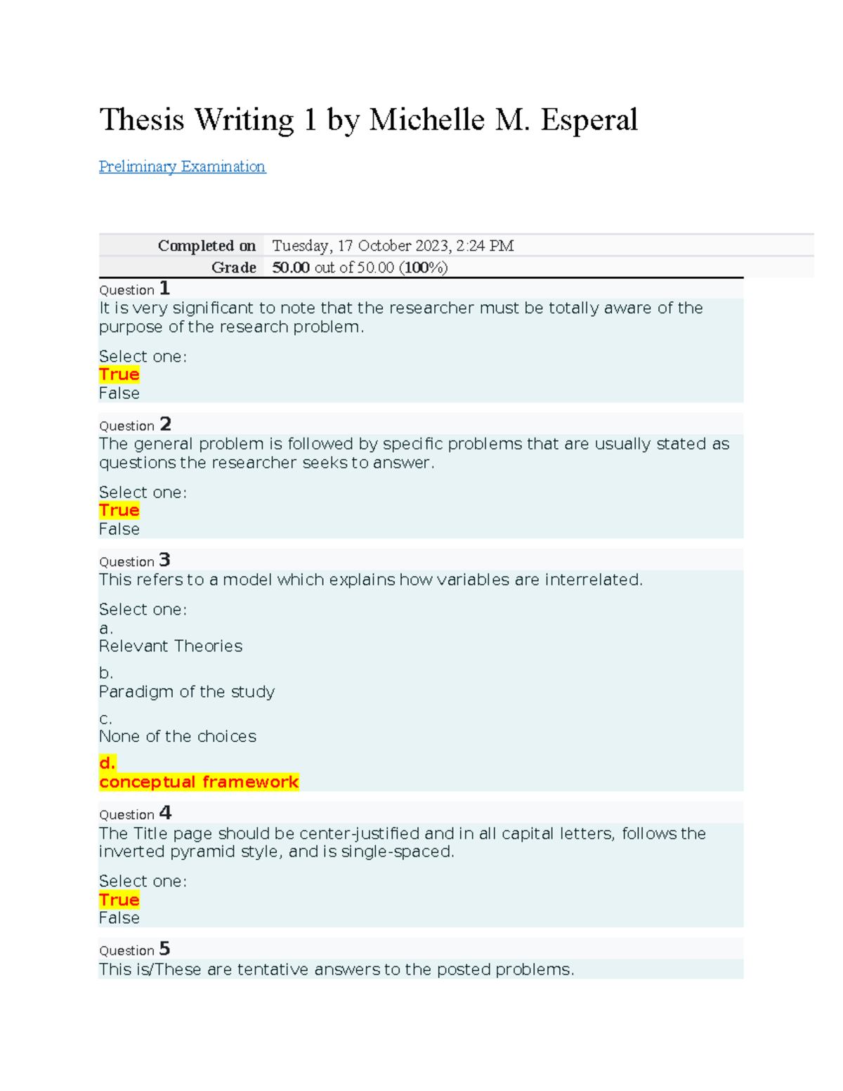 Thesis Writing 1: Preliminary Exam Review and Key Concepts - Studocu