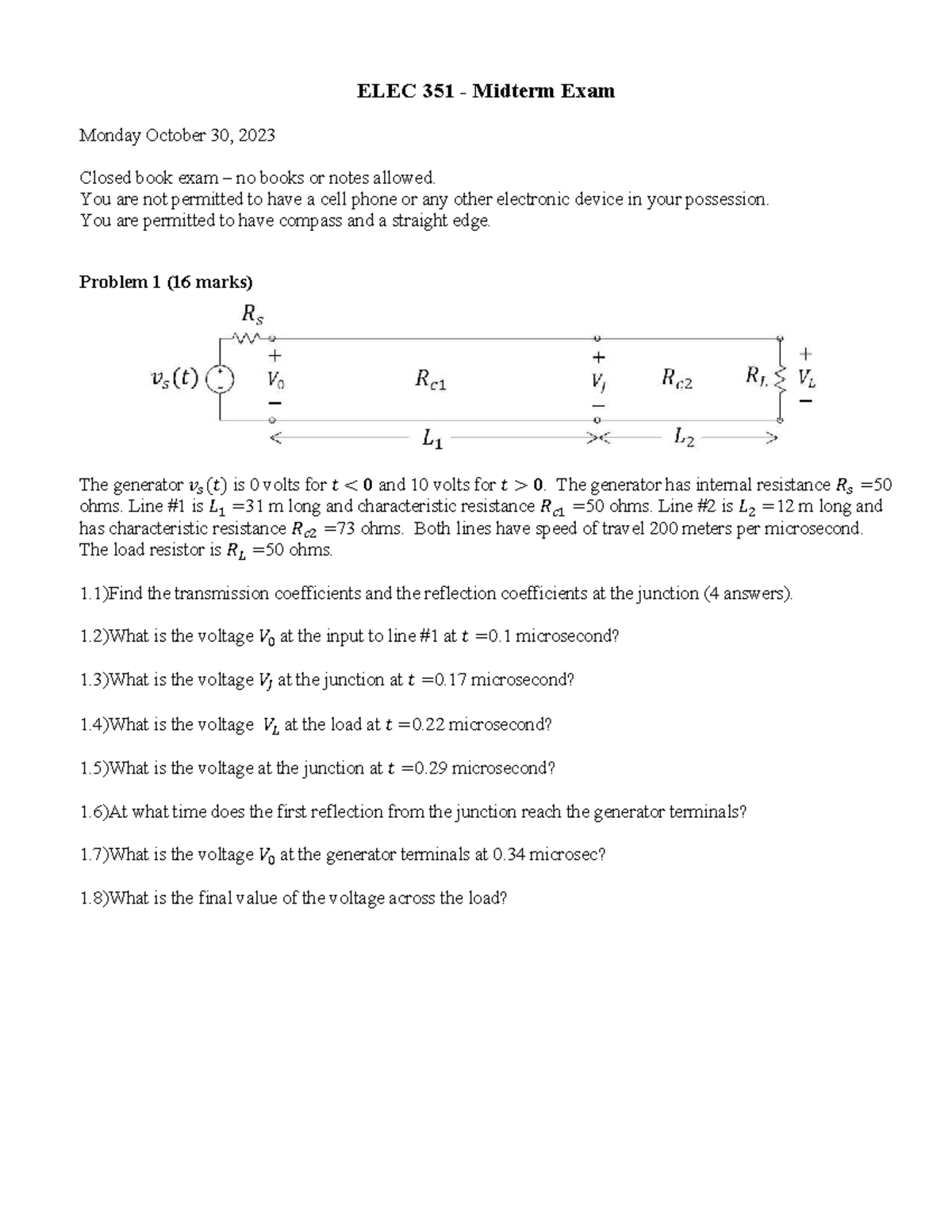 ELEC 351 Midterm Exam Solutions - Fall 2023 - Studocu