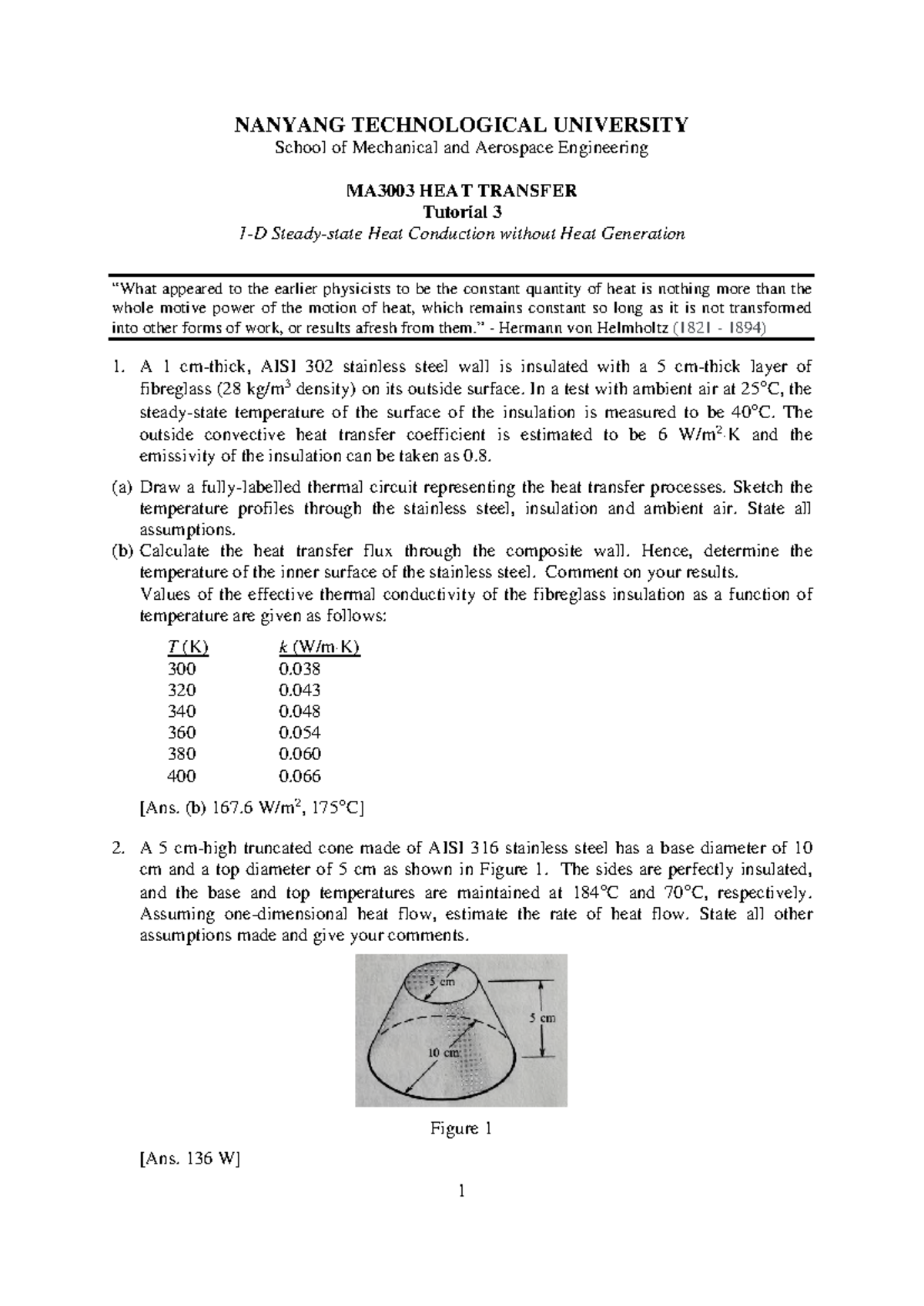 MA3003 Heat Transfer Tutorial 3: Heat Conduction Analysis - Studocu