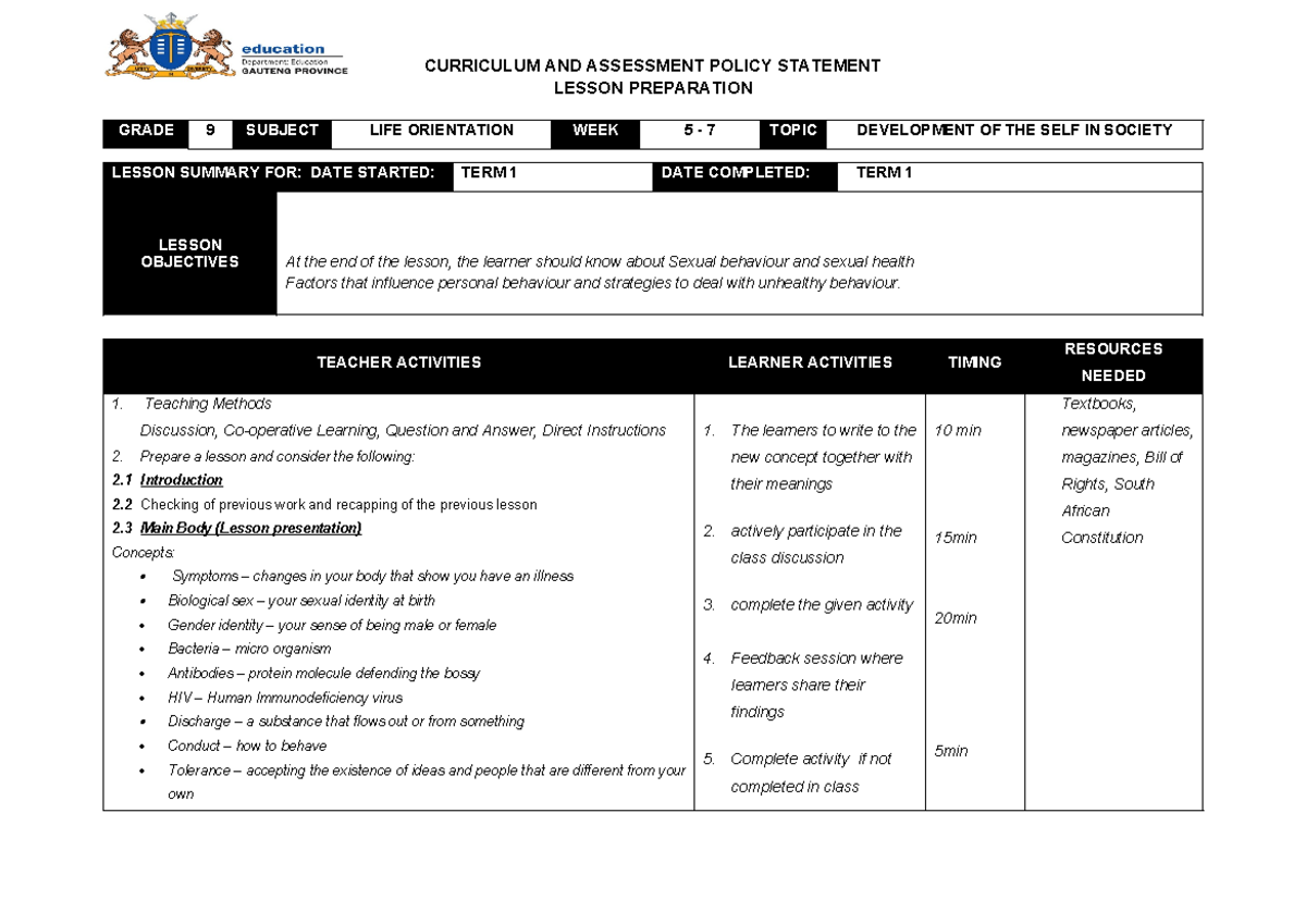 2.2 Lesson PLAN 5 WEEK 5-7 Gr 9 - CURRICULUM AND ASSESSMENT POLICY ...