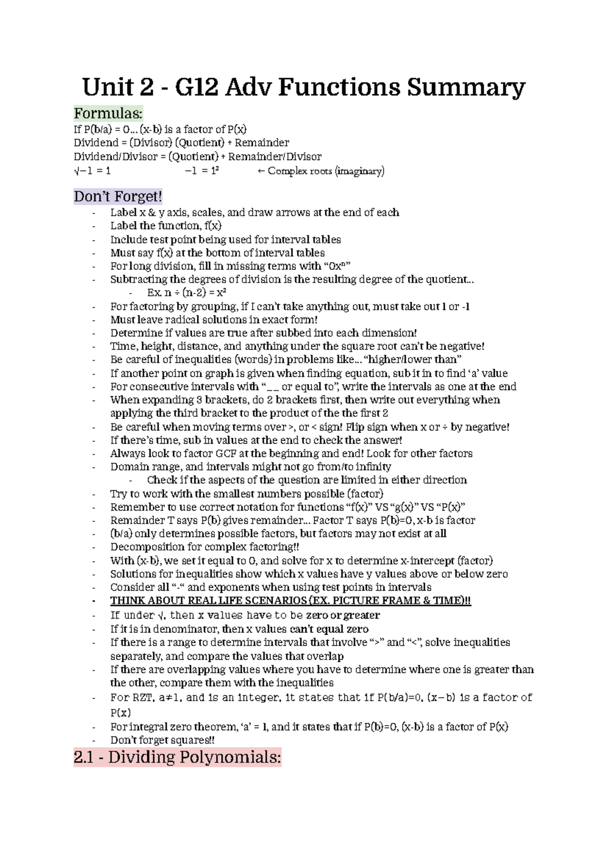 Unit 2A - Grade 12 Advanced Functions Summary Sheet - Unit 2 - G12 Adv ...