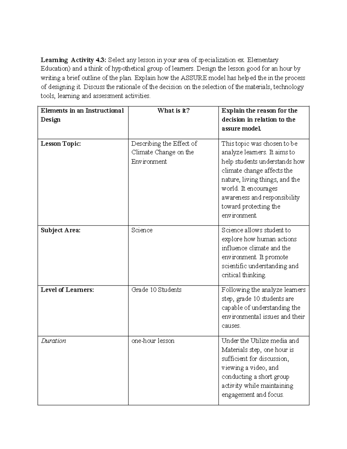 Learning Activity 4.3: Designing a Climate Change Lesson Plan for Grade ...