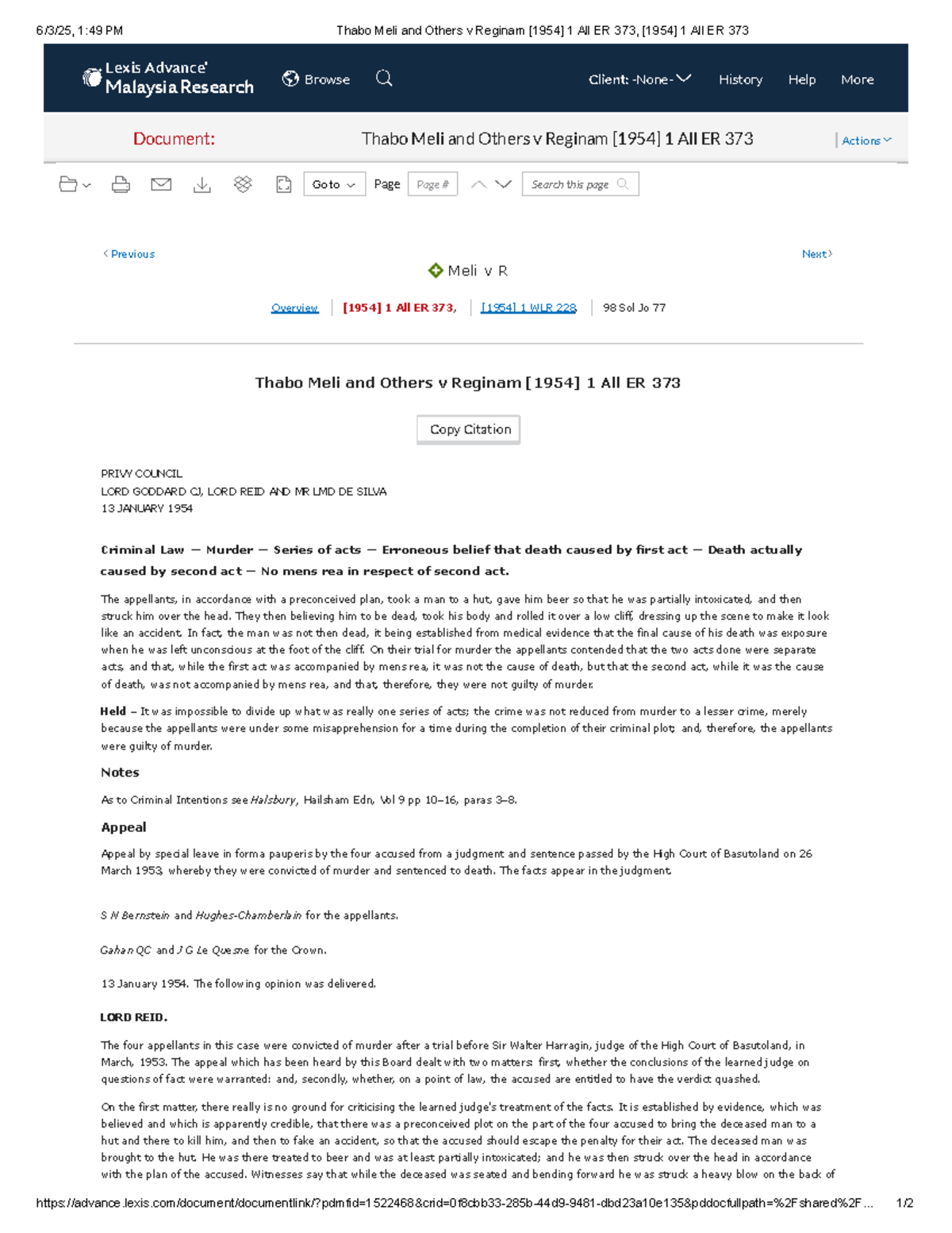 Thabo Meli & Others v Reginam [1954] 1 All ER 373 Case Study Analysis ...