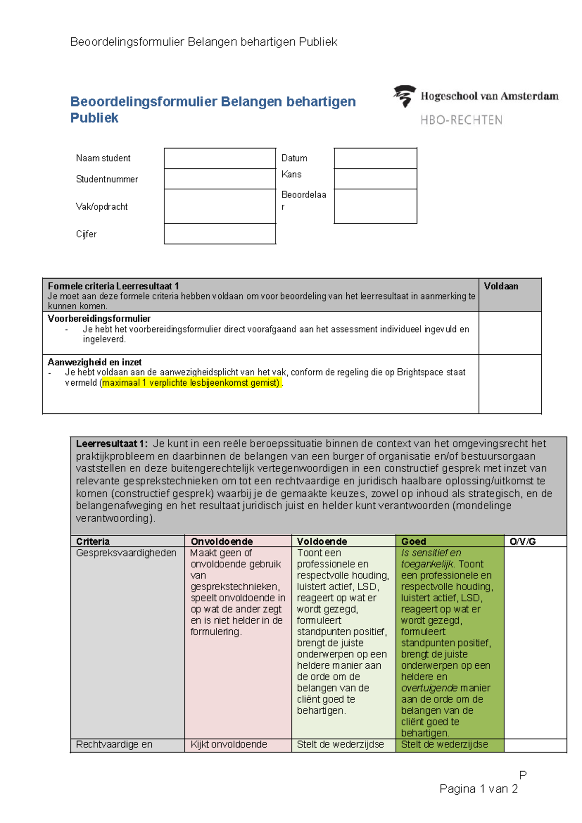 Beoordelingsformulier Publiek Belangenbehartiging - Blok 1 LR1 ...