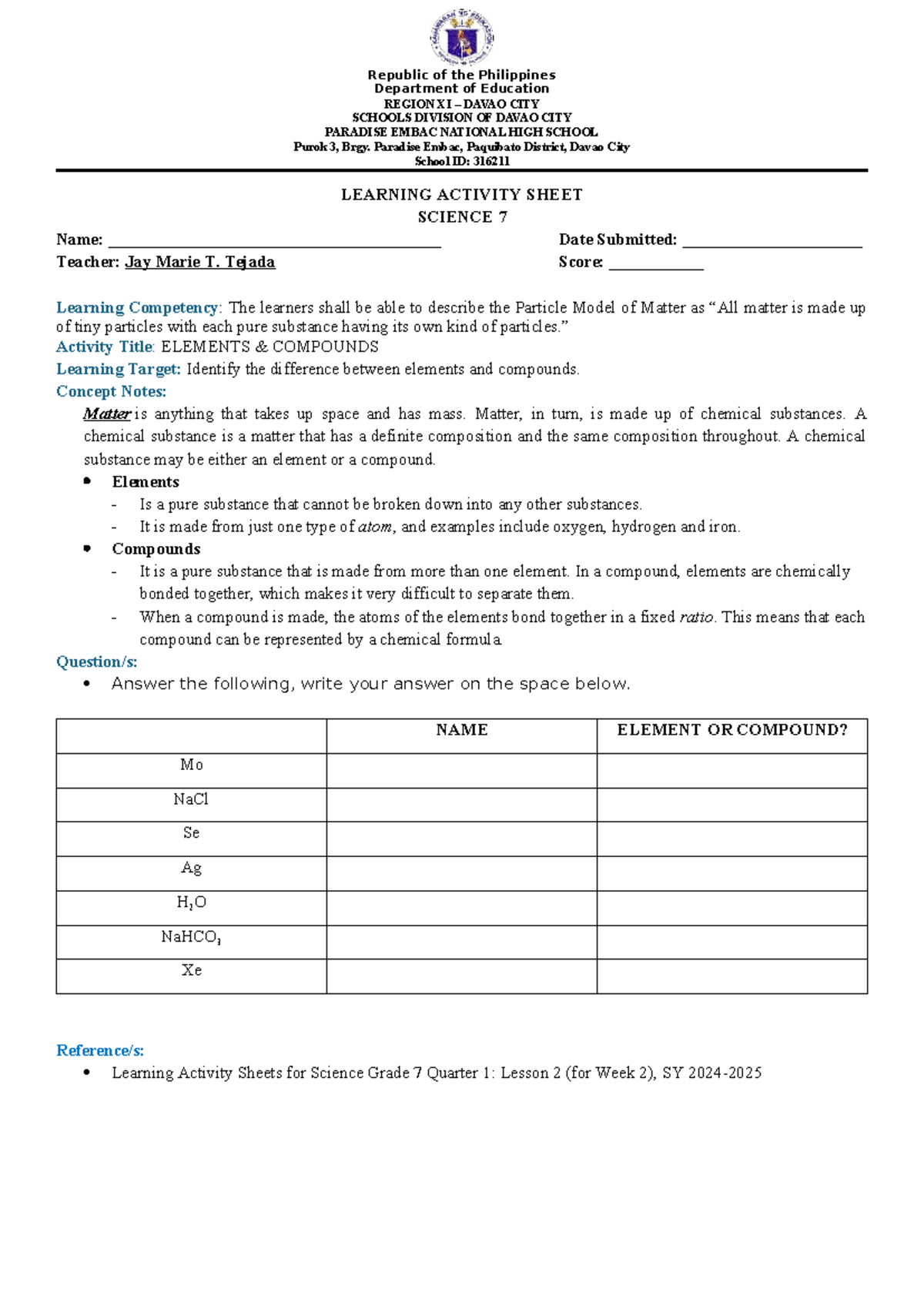 Science 7 Learning Activity Sheet: Elements vs. Compounds - Studocu
