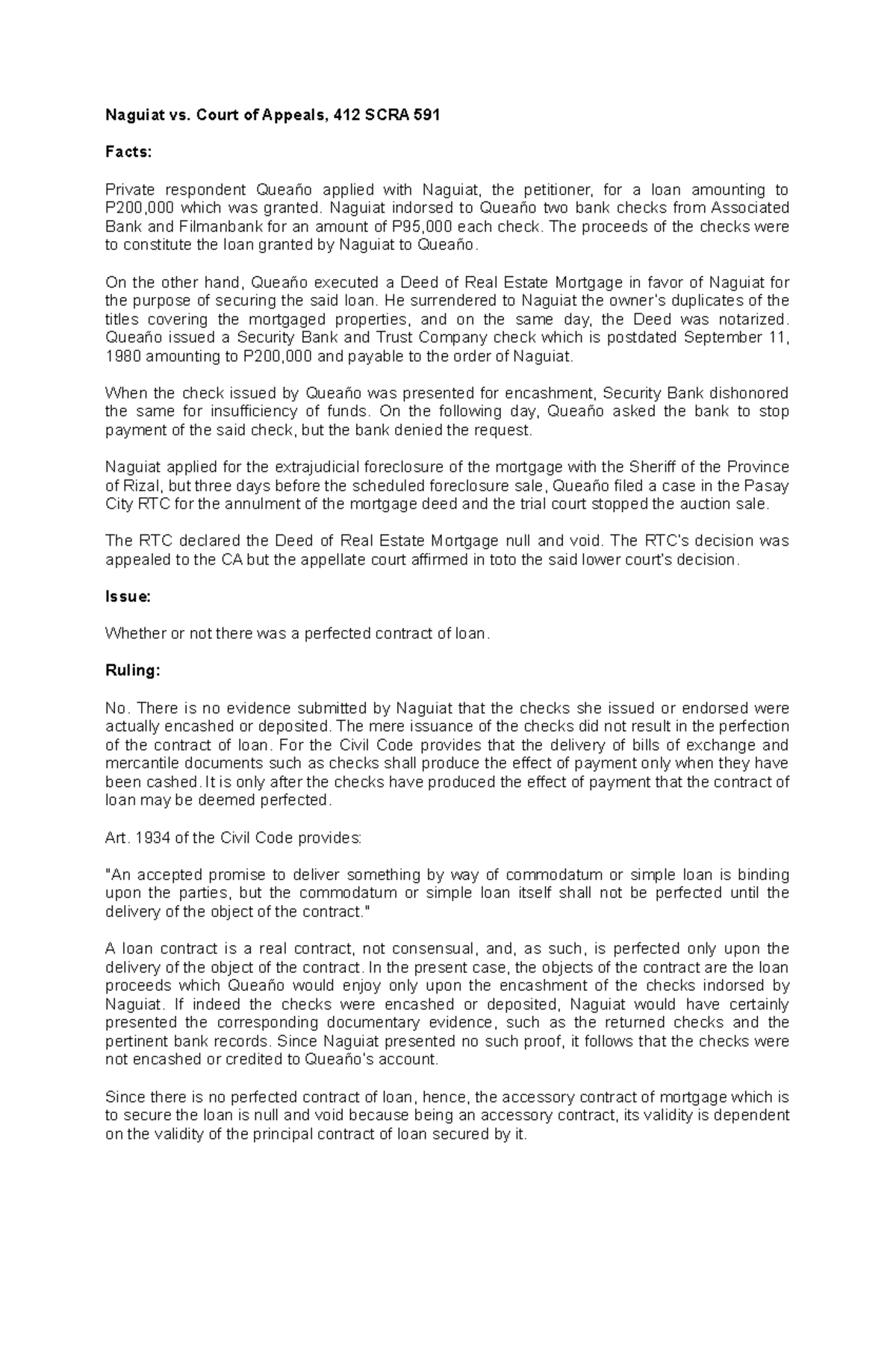 Naguiat vs. Court of Appeals: Analysis of a Null Loan Contract - Studocu