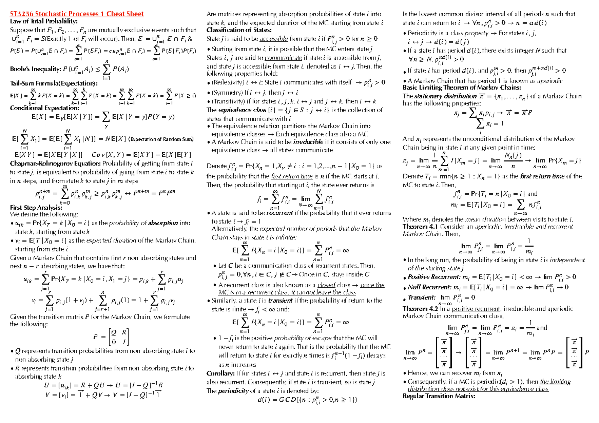 ST3236 Stochastic Processes 1 Quick Reference Guide - Studocu