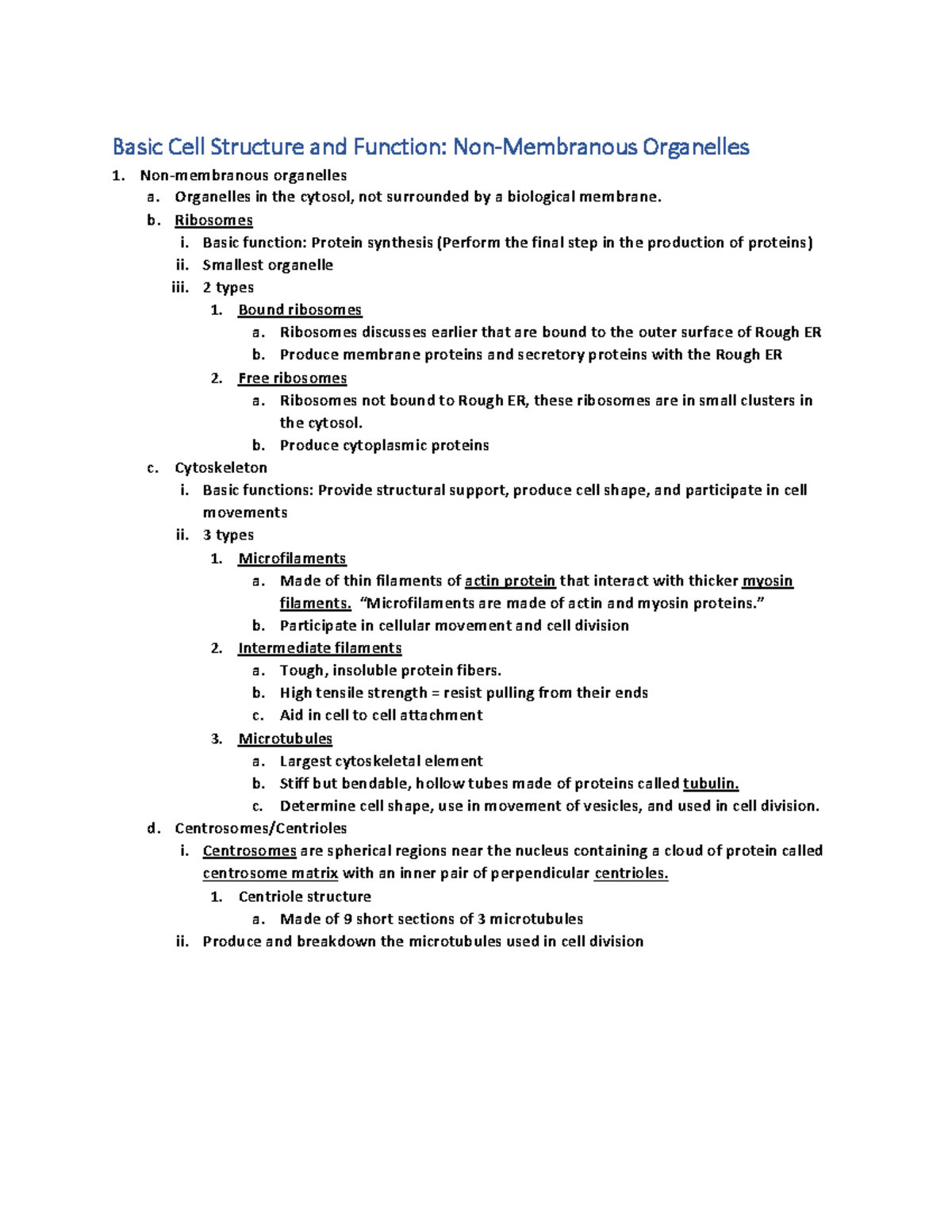 Basic Cell Structure and Function: Non-Membranous Organelles - Studocu