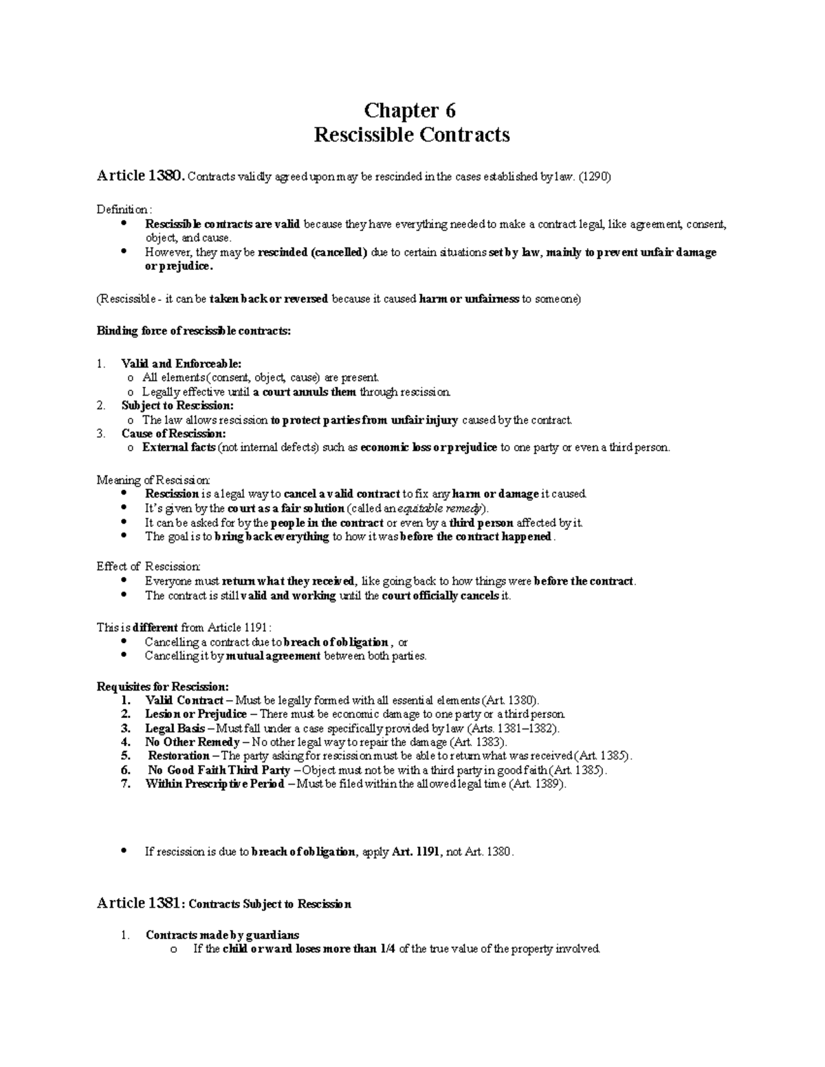 Contracts Chapters 6 & 7: Understanding Rescissible Contracts and Their ...