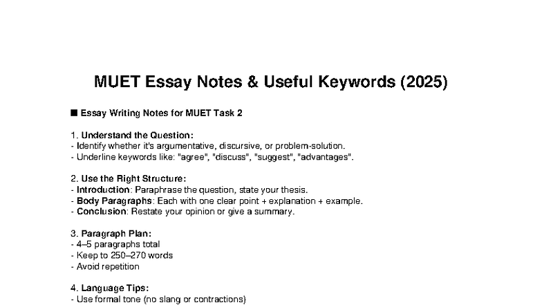 MUET Essay Writing Notes & Keywords for Task 2 (2025) - Studocu