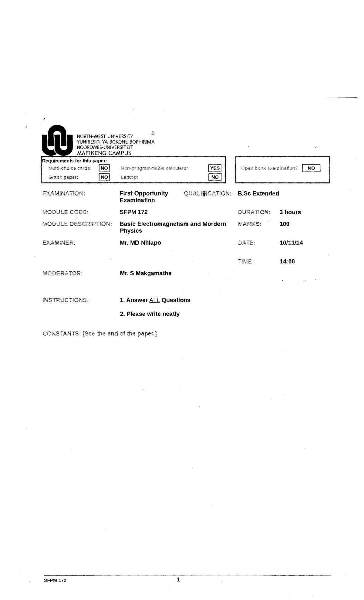 NPHY121 2014 Final Exam - Practice on Basic Electromagnetism - Studocu