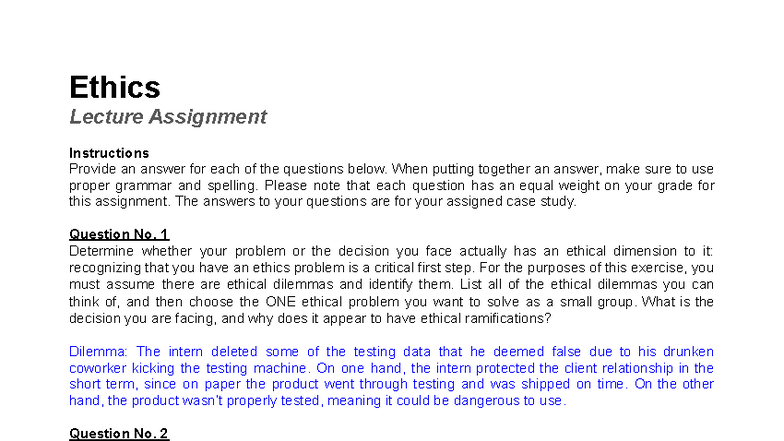 Ethics 101: Lecture Assignment on Ethical Dilemmas and Case Study - Studocu