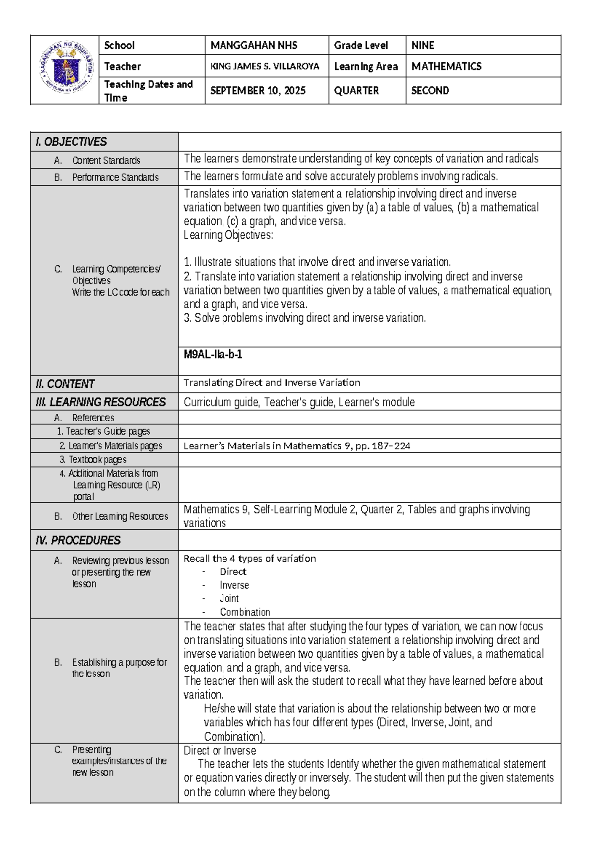 DLP in Math 9: Translating Direct and Inverse Variation Concepts - Studocu