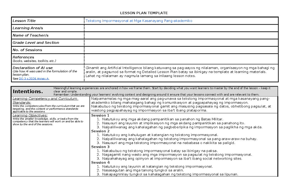 T1-LP-W3: Lesson Plan on Tekstong Impormasyonal at Kasanayang Pang ...