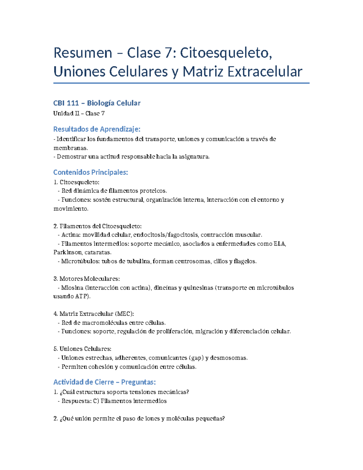 Resumen Clase 7: Citoesqueleto y Uniones Celulares CBI Biología Celular ...