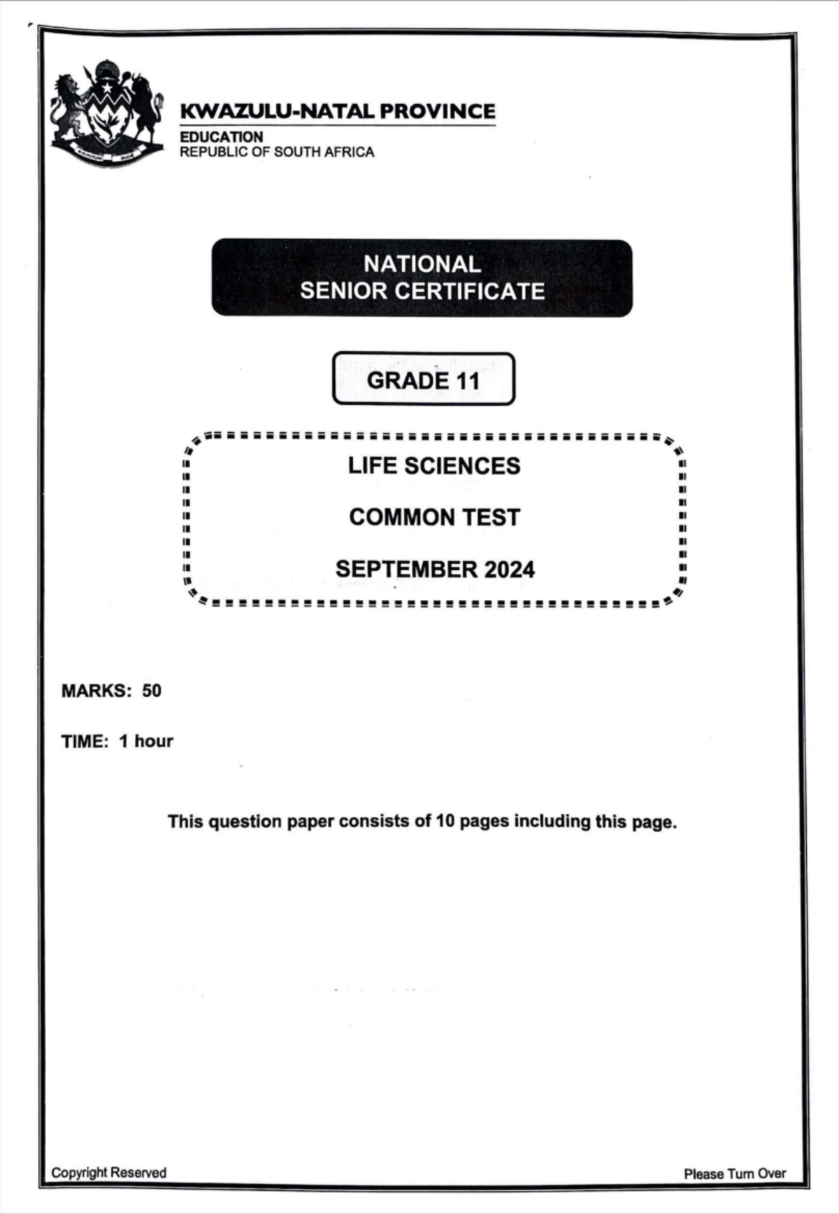 Grade 11 Life Sciences Common Test NSC September 2024 - Marks: 50 - Studocu