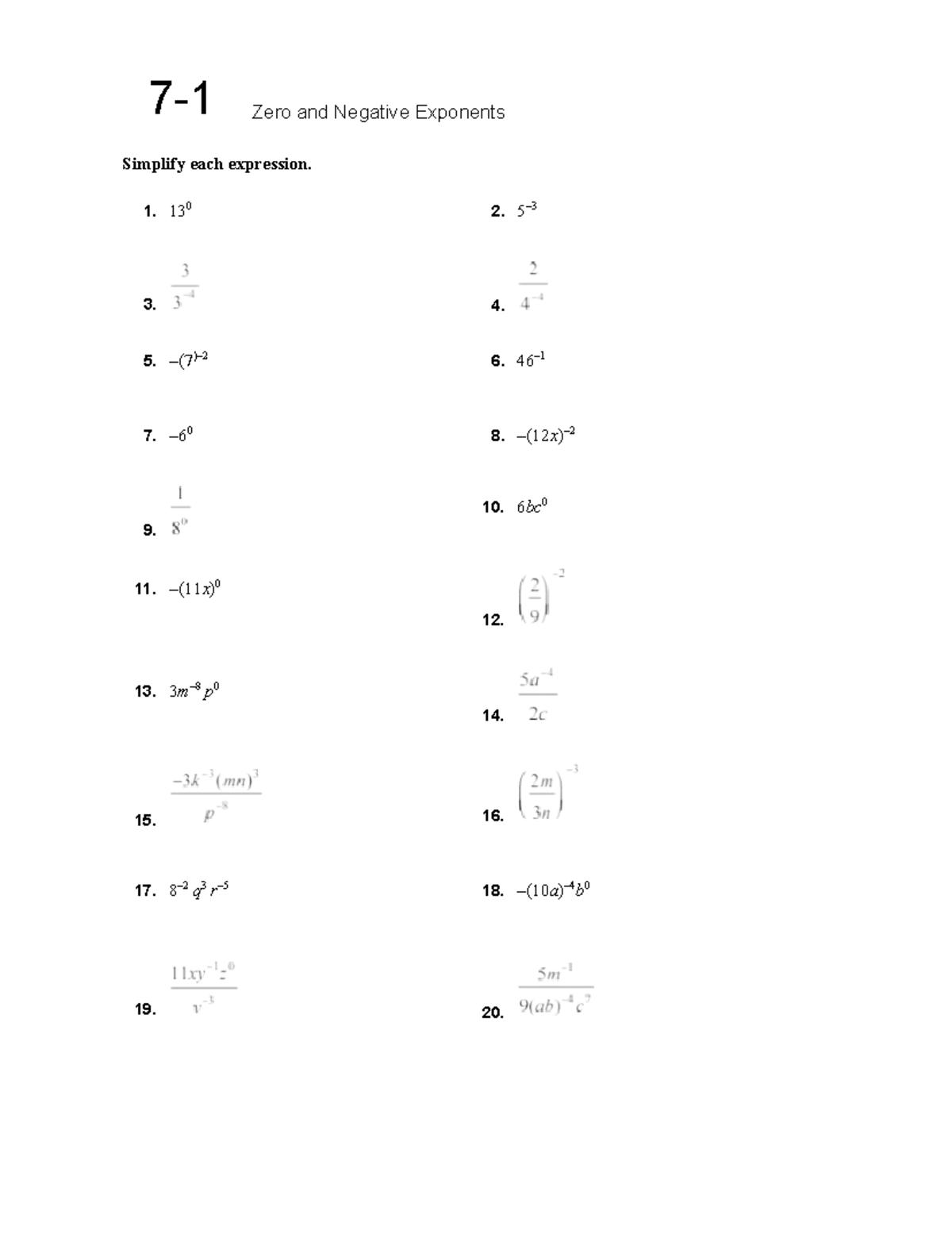 7.1 PR G - eiof;erk - Zero and Negative Exponents Simplify each ...