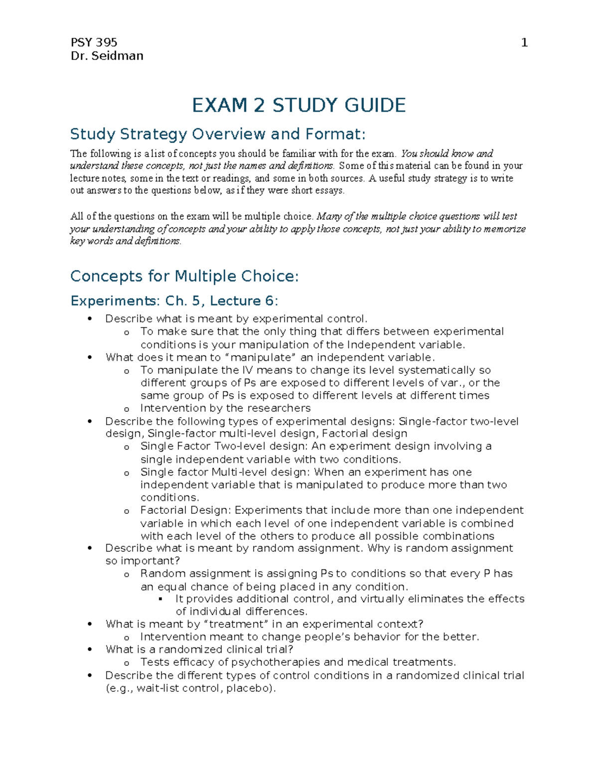 PSY 395 Exam 2 Study Guide: Key Concepts in Research Methods - Studocu