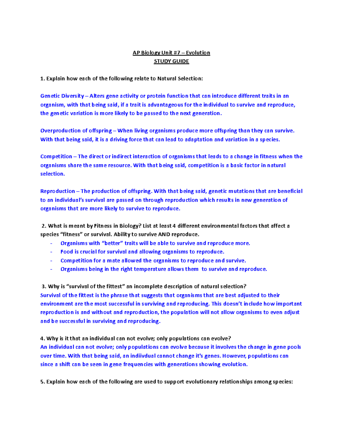 AP Biology Unit #7 – Evolution Study Guide - AP Biology Unit #7 ...