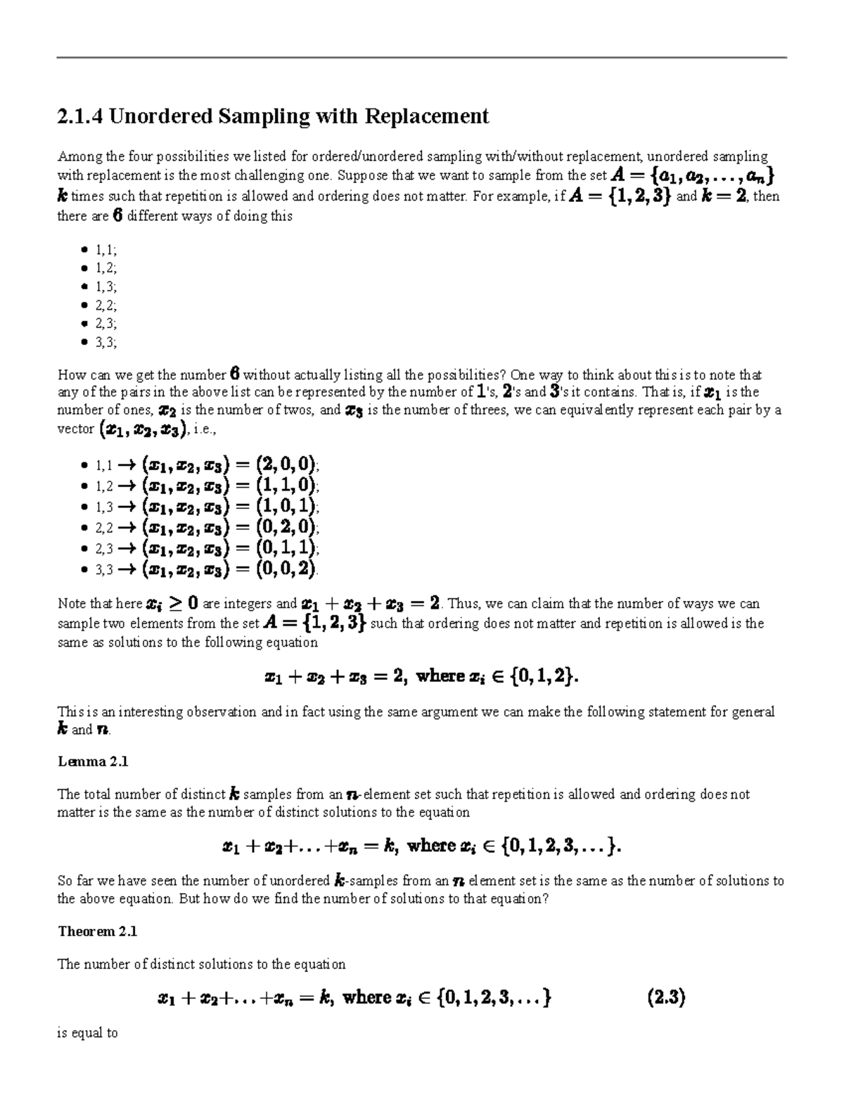 Unordered Sampling with Replacement: Methods and Counting Techniques ...