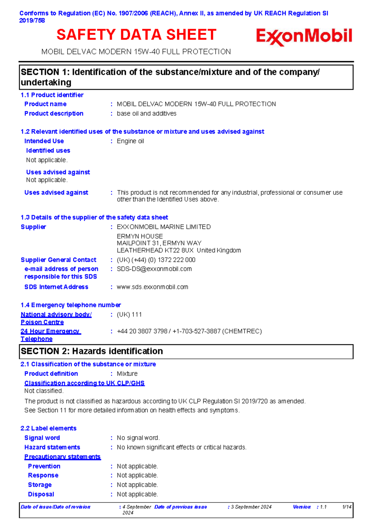 Mobil Delvac Modern Full Protection Safety Data Sheet (UK REACH SI ...