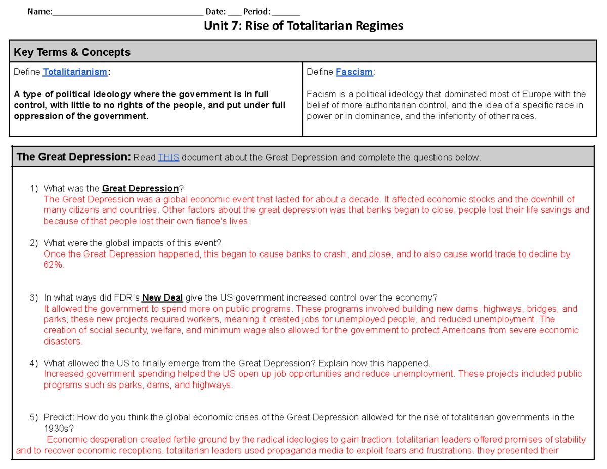Unit 7: Rise of Totalitarian Regimes - Student Handout - Studocu