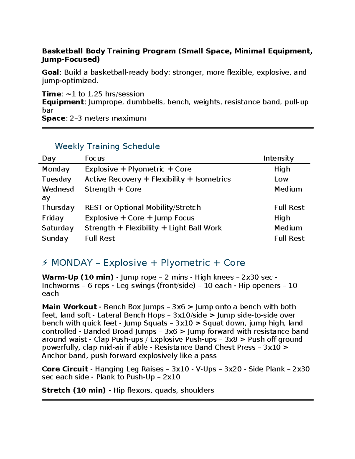 Basketball Training Program: Body Training Schedule & Exercises - Studocu