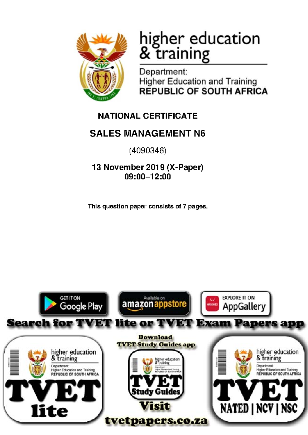 Sales Management N6 Exam Paper - November 2019 (4090346) - Studocu